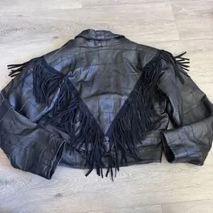 Vintage | Jackets & Coats | Vintage 9s Black Patchwork Leather Fringe ...